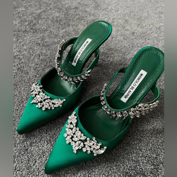 Manolo Blahnik | Shoes | Manolo Blahnik Lurum Green Satin Crystal Embellished Mules | Poshmark